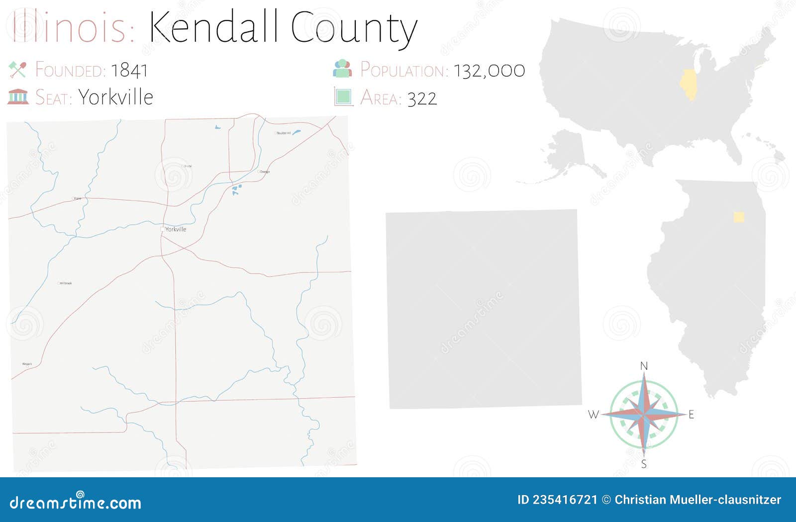 Map of Kendall County in Illinois Stock Vector - Illustration of seat ...