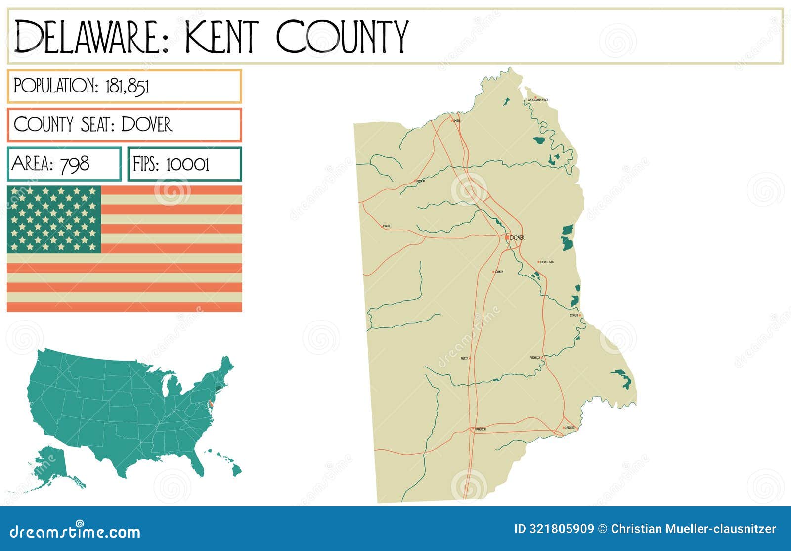 Map of Kent County in Delaware USA Stock Vector - Illustration of signs ...