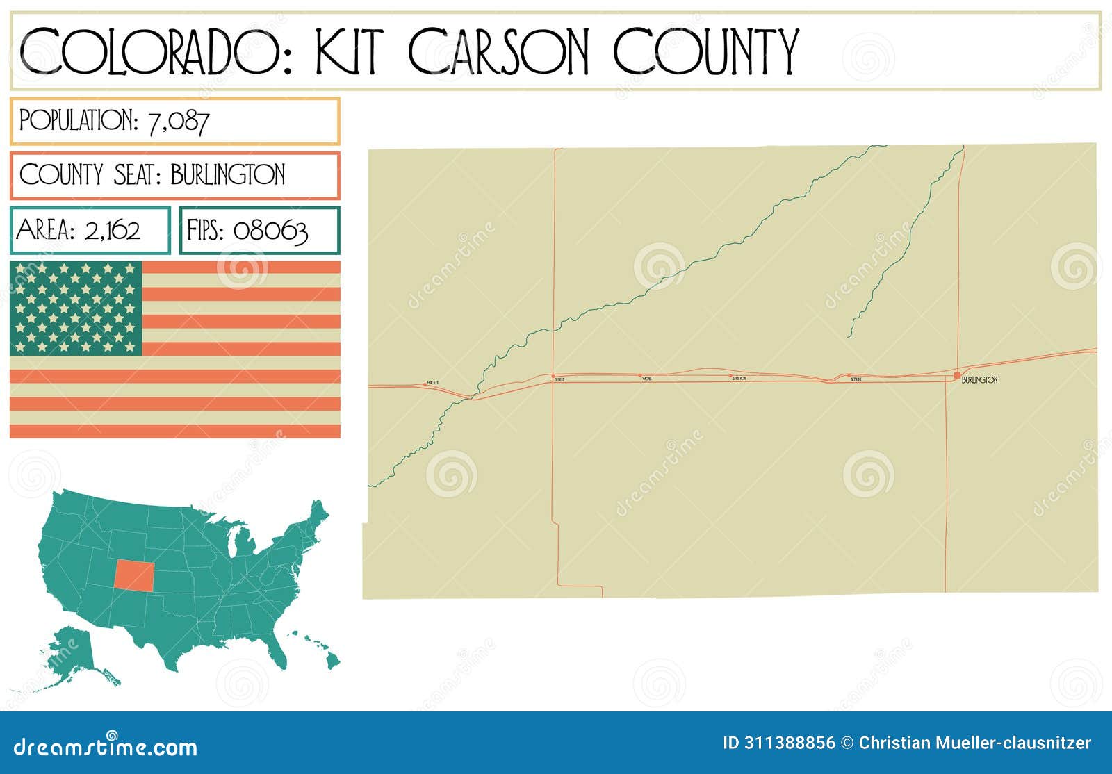 Map of Kit Carson County in Colorado USA. Stock Vector - Illustration ...