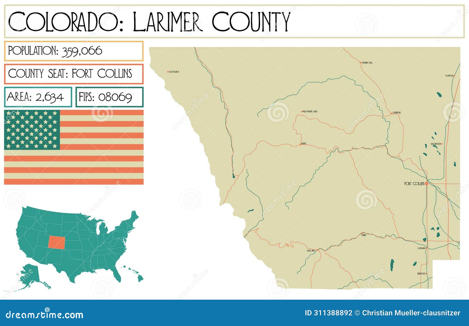 Map of Larimer County in Colorado USA. Stock Vector - Illustration of ...