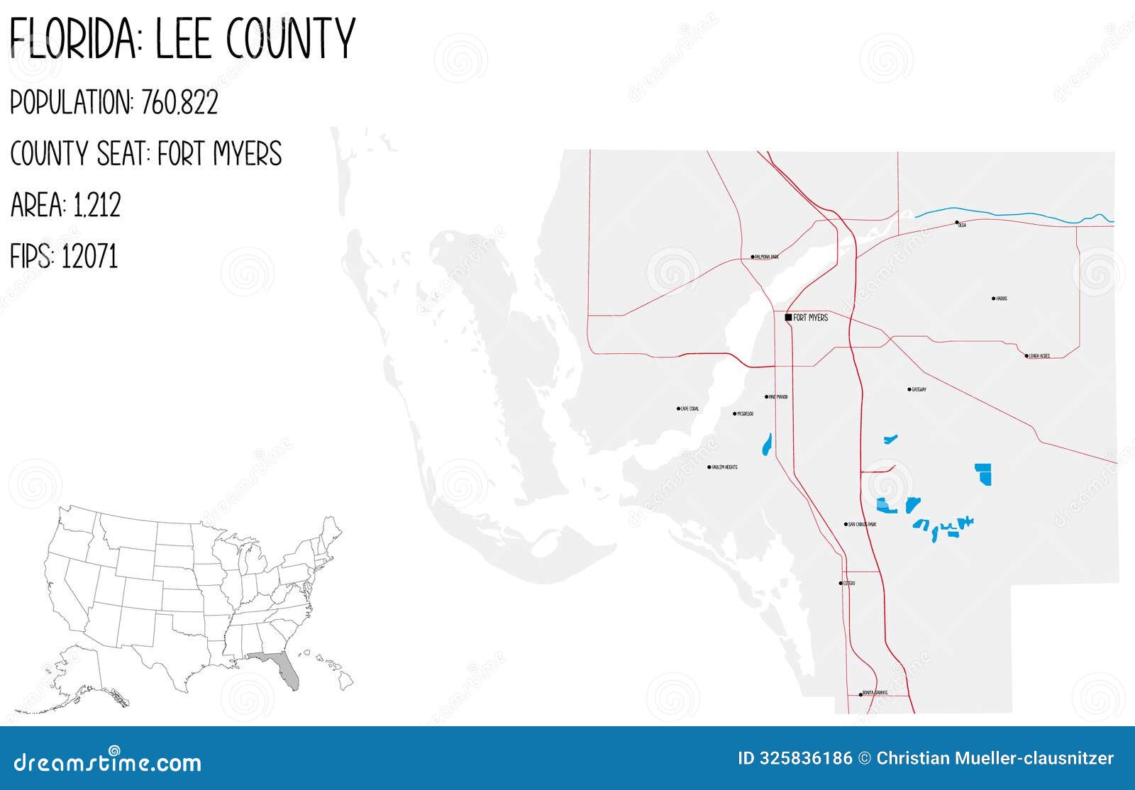 Large and Detailed Map of Lee County in Florida. Stock Vector ...