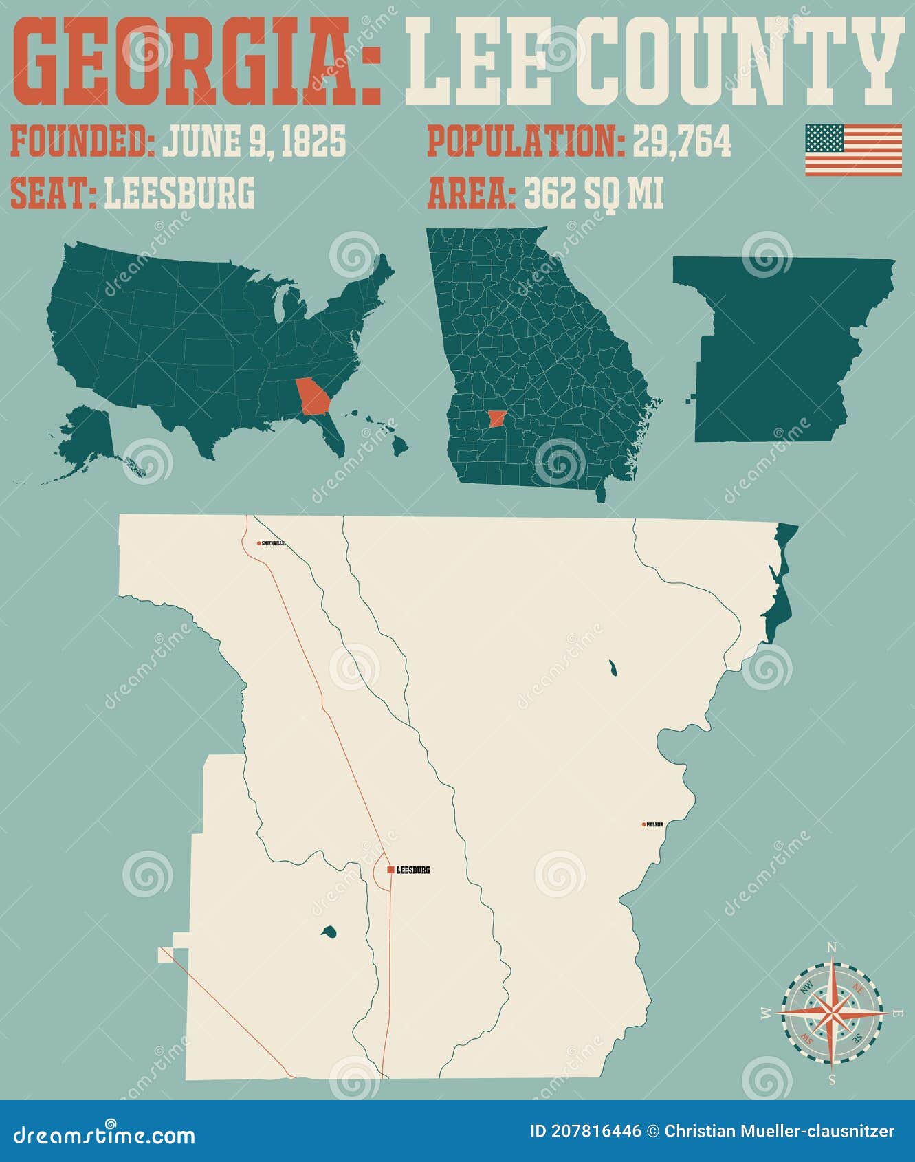 Map of Lee County in Georgia Stock Vector - Illustration of roads ...