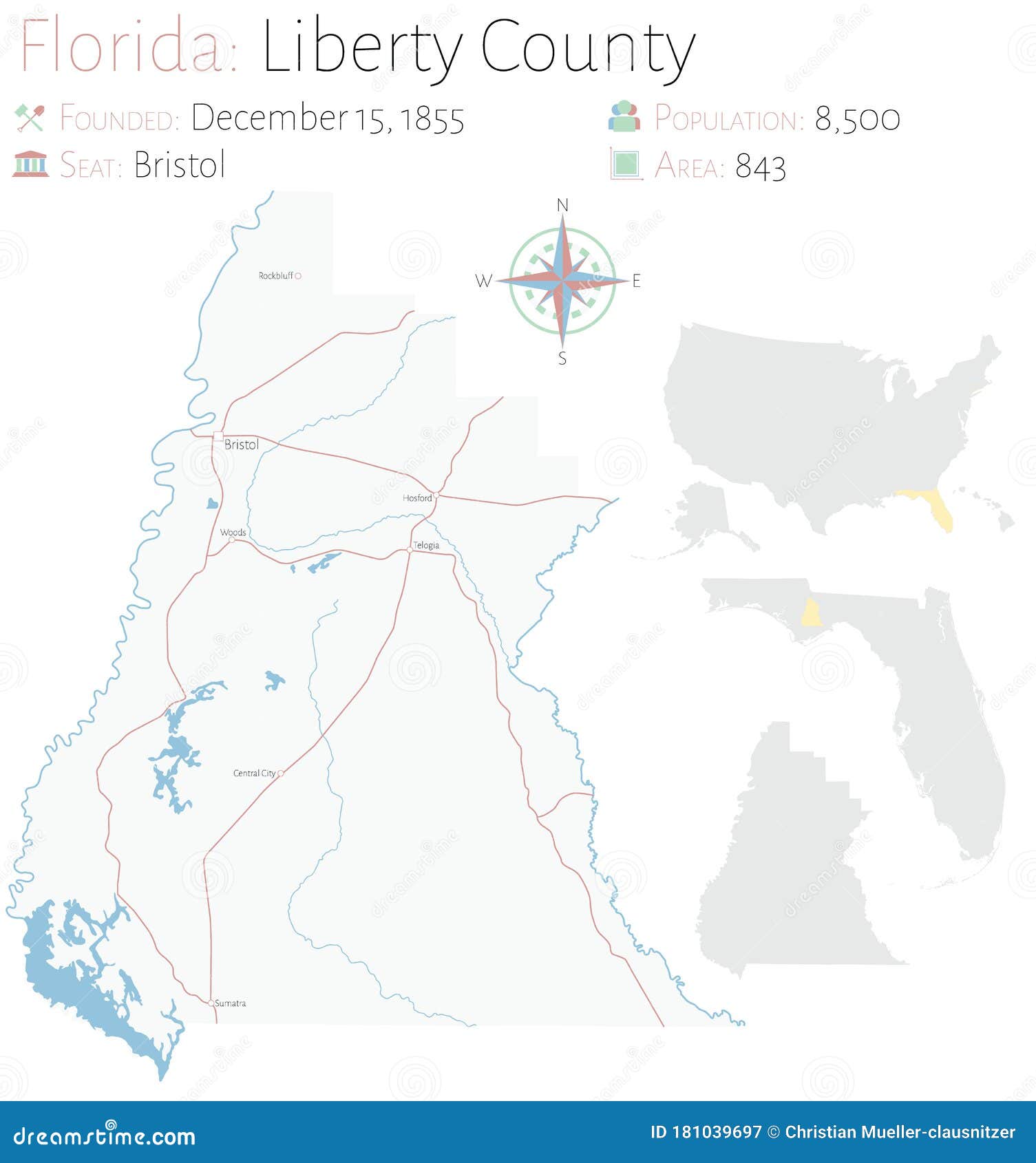 Map of Liberty County in Florida Stock Vector - Illustration of freeway ...