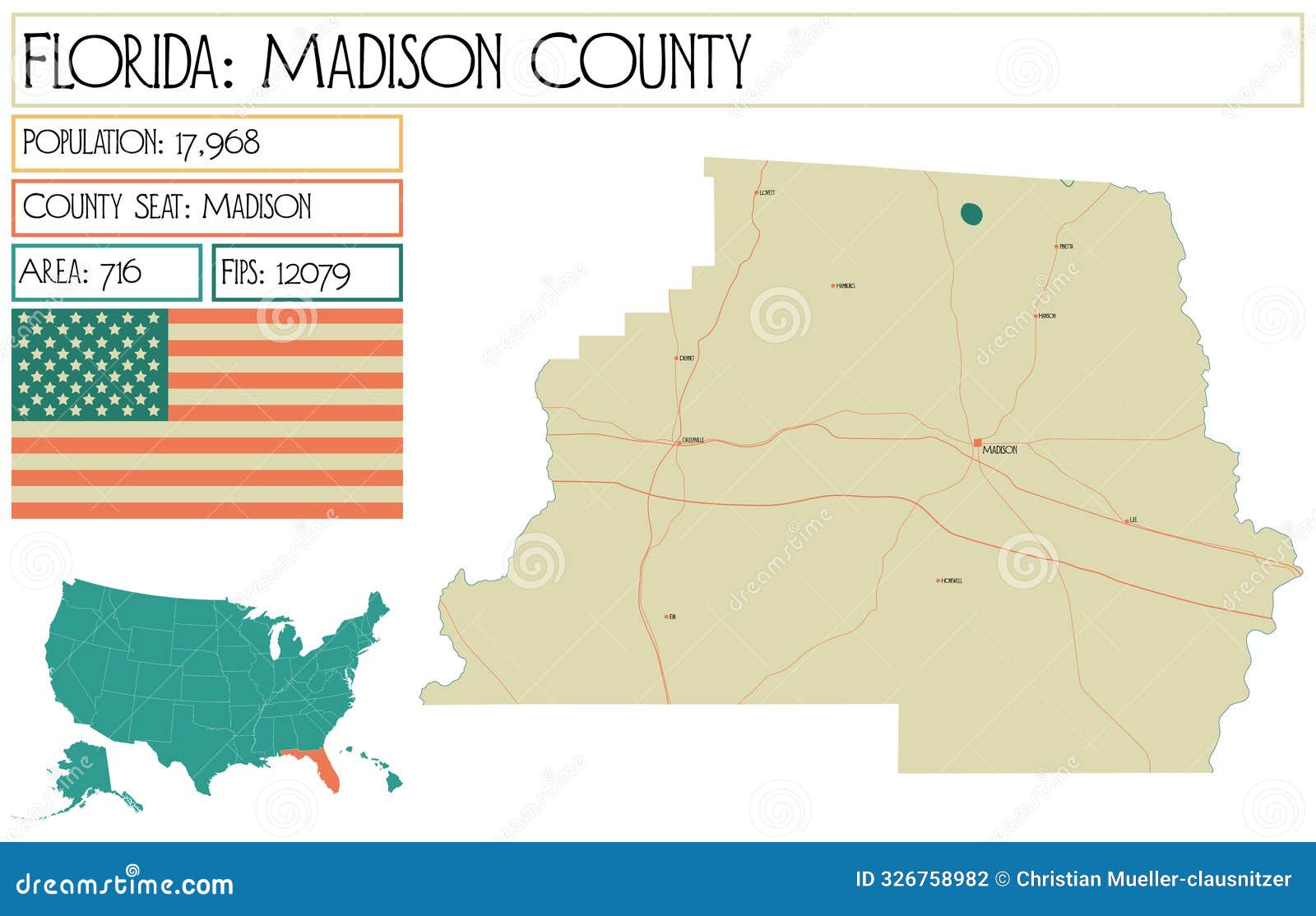Large and Detailed Map of Madison County in Florida Stock Vector ...