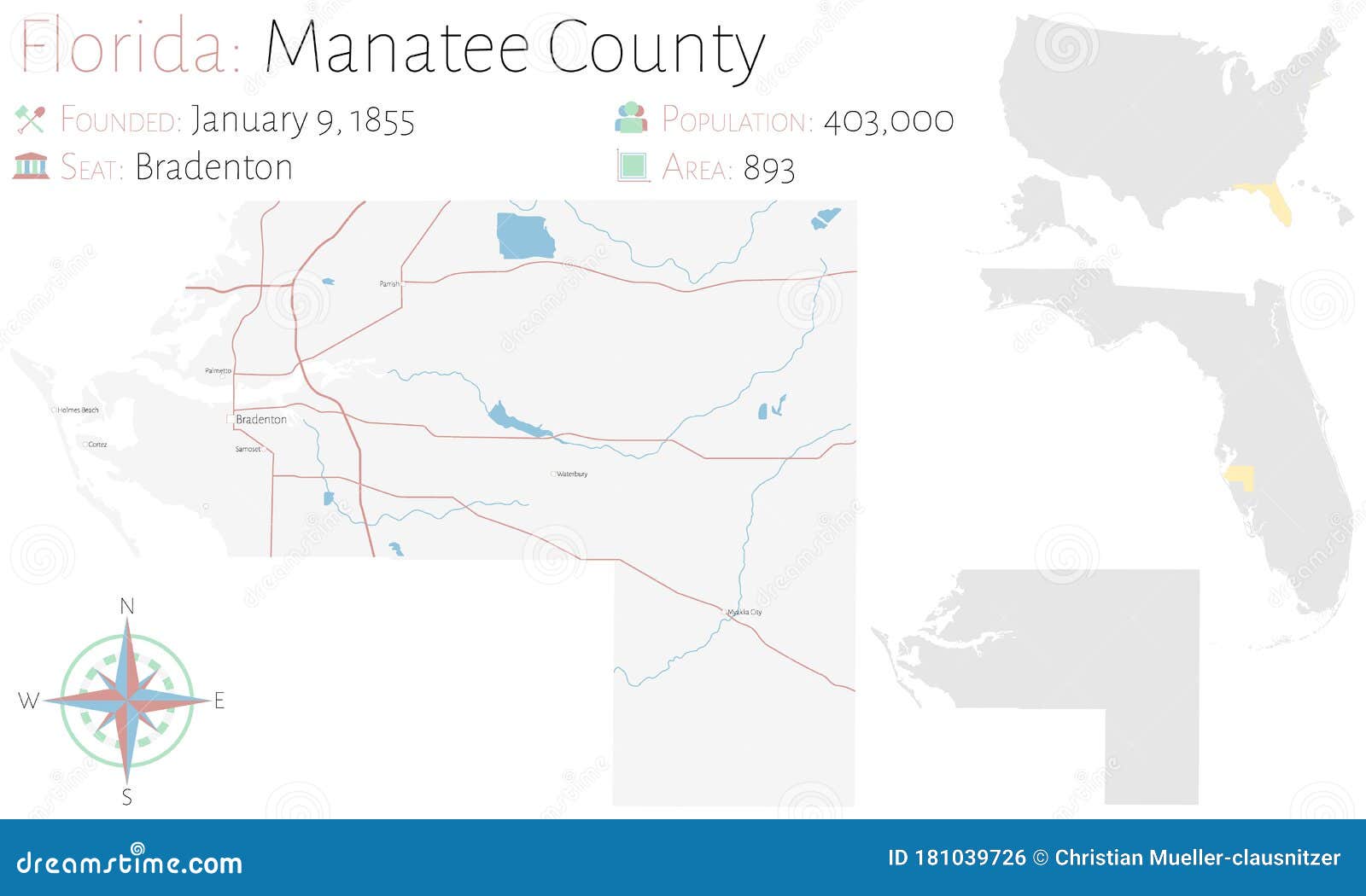 Map of Manatee County in Florida Stock Vector - Illustration of state ...