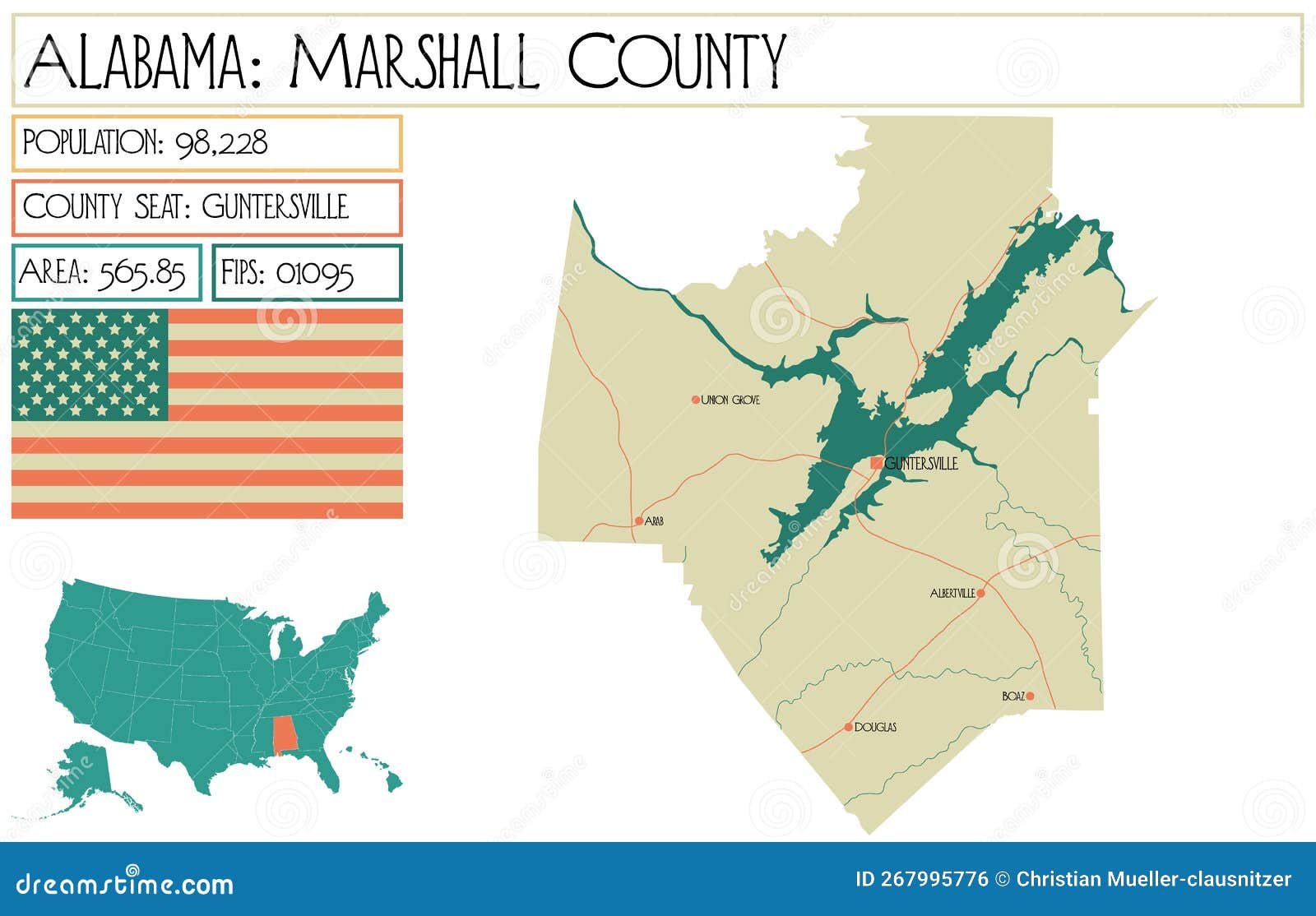 Map of Marshall County in Alabama, USA. Stock Vector - Illustration of ...