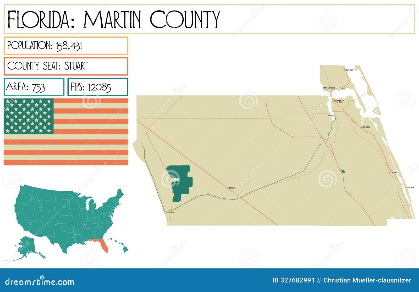 Map of Martin County in Florida USA Stock Vector - Illustration of ...