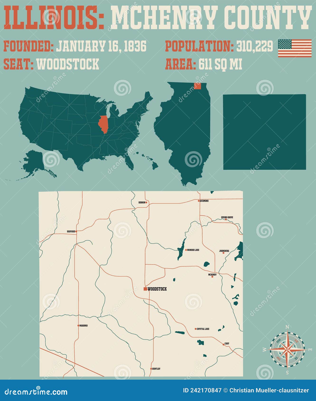 Map of McHenry County in Illinois Stock Vector - Illustration of states ...