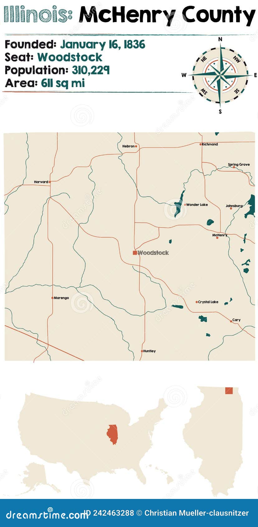 Map of McHenry County in Illinois Stock Vector - Illustration of ...