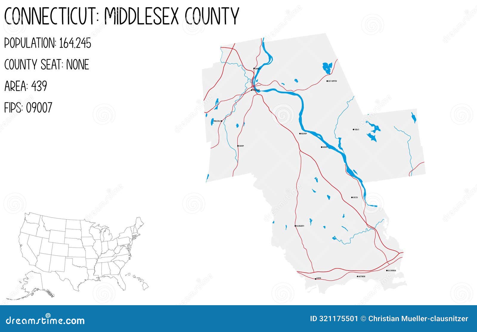 Map of Middlesex County in Connecticut, USA Stock Vector - Illustration ...