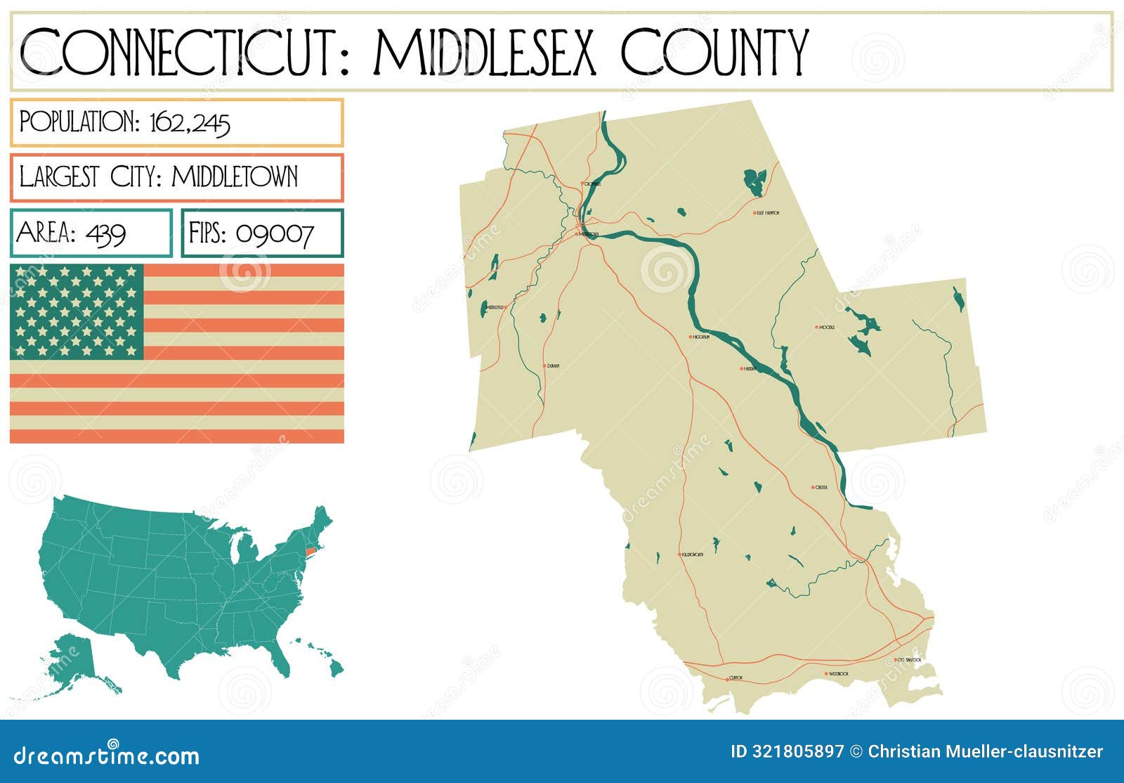 Map of Middlesex County in Connecticut USA Stock Vector - Illustration ...