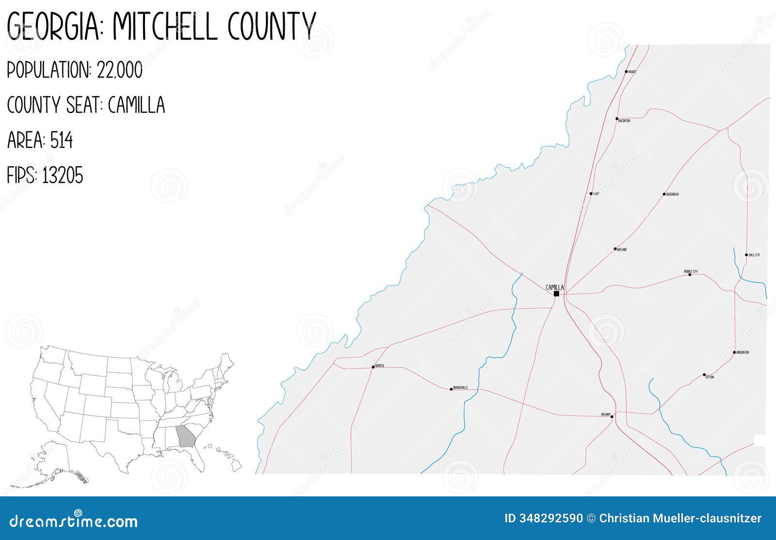 Large and Detailed Map of Mitchell County in Georgia Stock Illustration ...