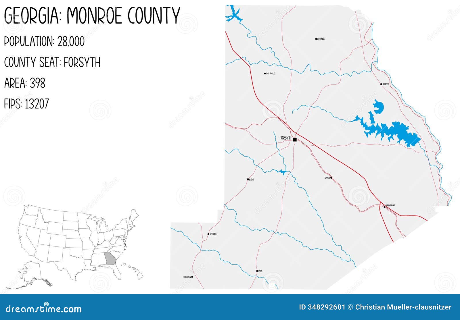 Large and Detailed Map of Monroe County in Georgia Stock Illustration ...