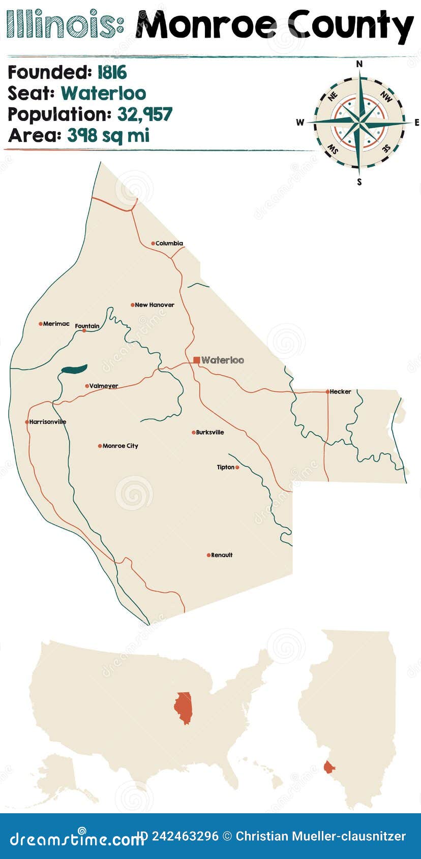 Map of Monroe County in Illinois Stock Vector - Illustration of ...
