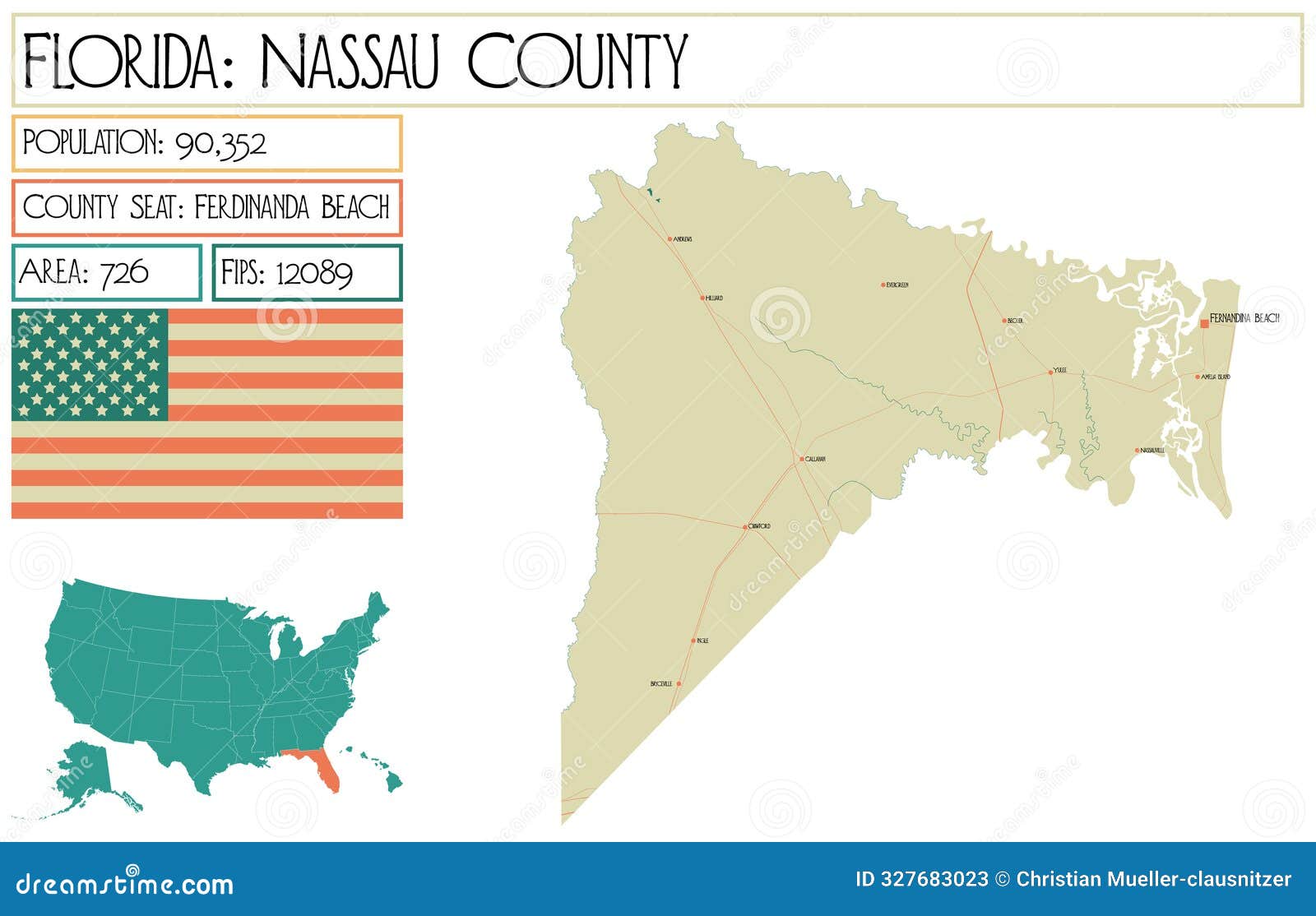 Map of Nassau County in Florida USA Stock Vector - Illustration of ...