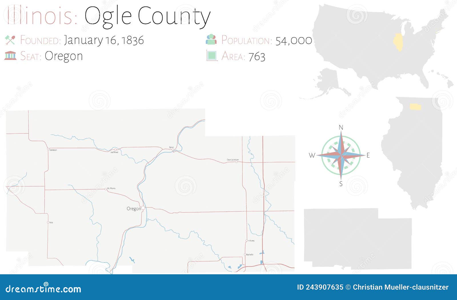 Map of Ogle County in Illinois Stock Vector - Illustration of seat ...