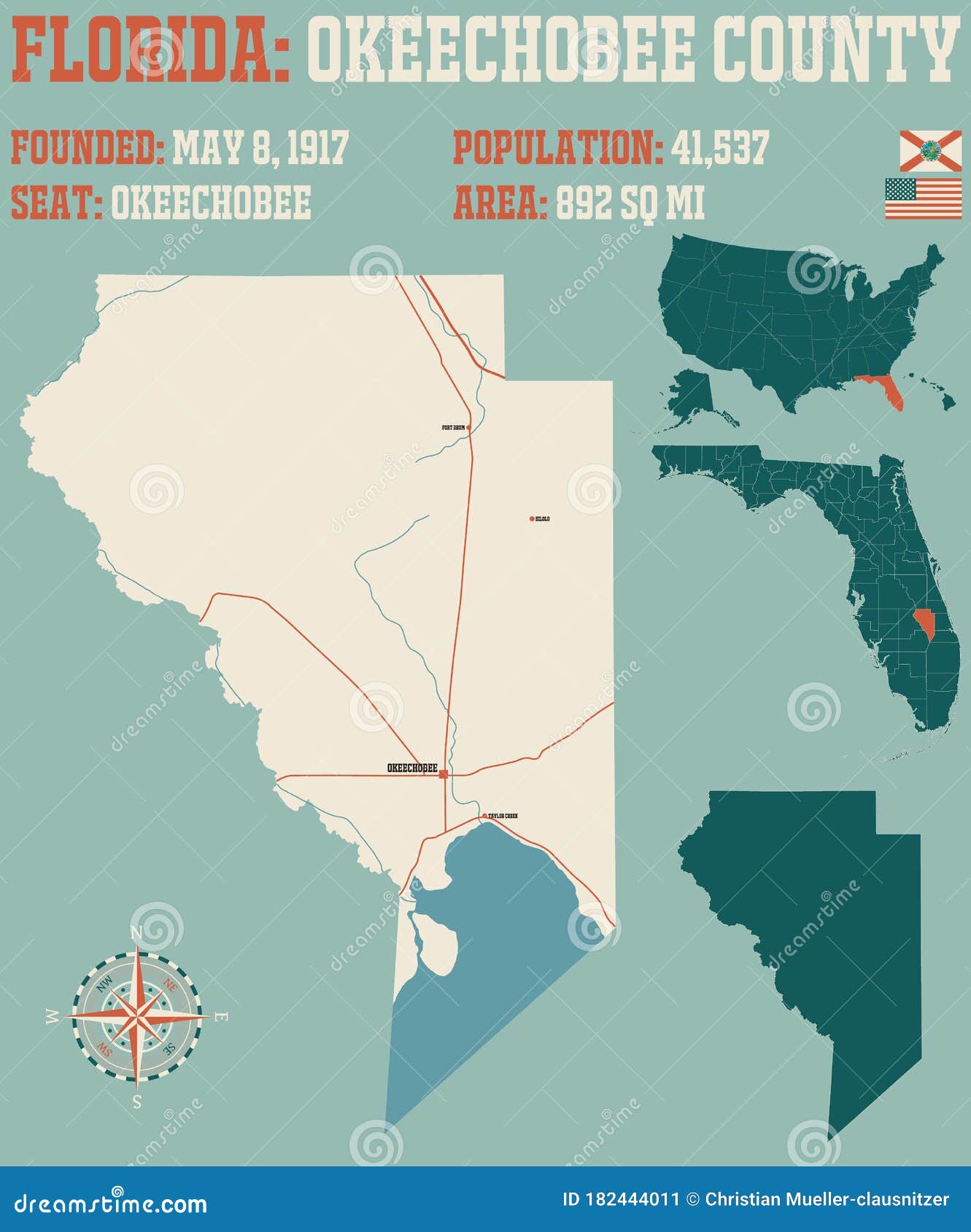 Map of Okeechobee County in Florida Stock Vector - Illustration of federal, signs: 182444011