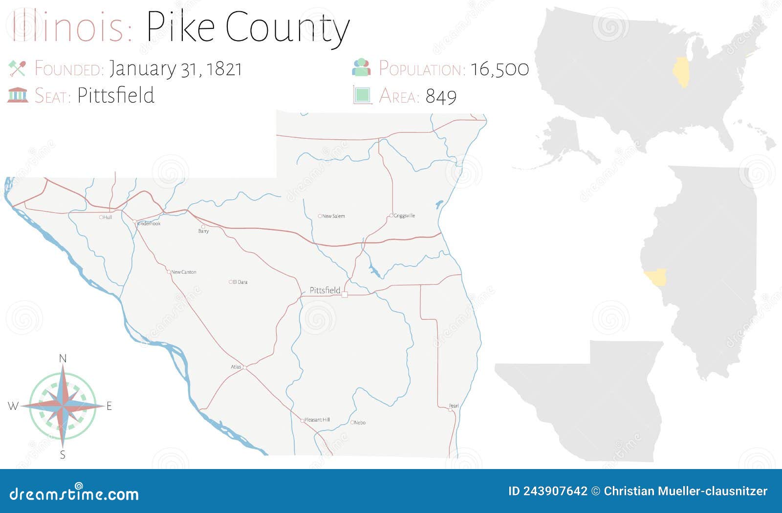 Map of Pike County in Illinois Stock Vector - Illustration of city ...