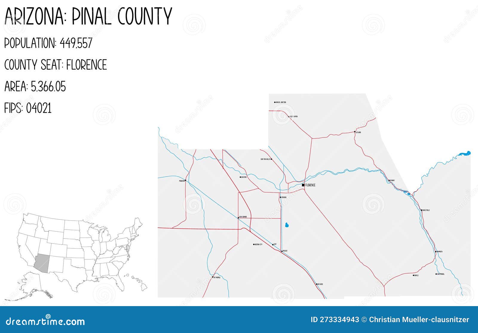 Map of Pinal County in Arizona, USA. Stock Vector - Illustration of ...