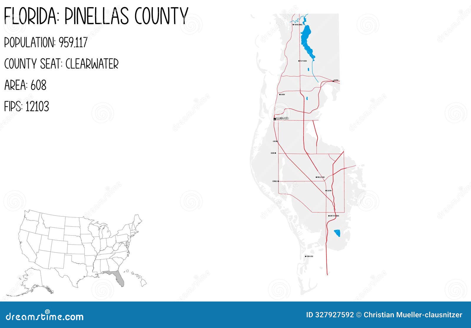 Map of Pinellas County in Florida, USA Stock Vector - Illustration of ...