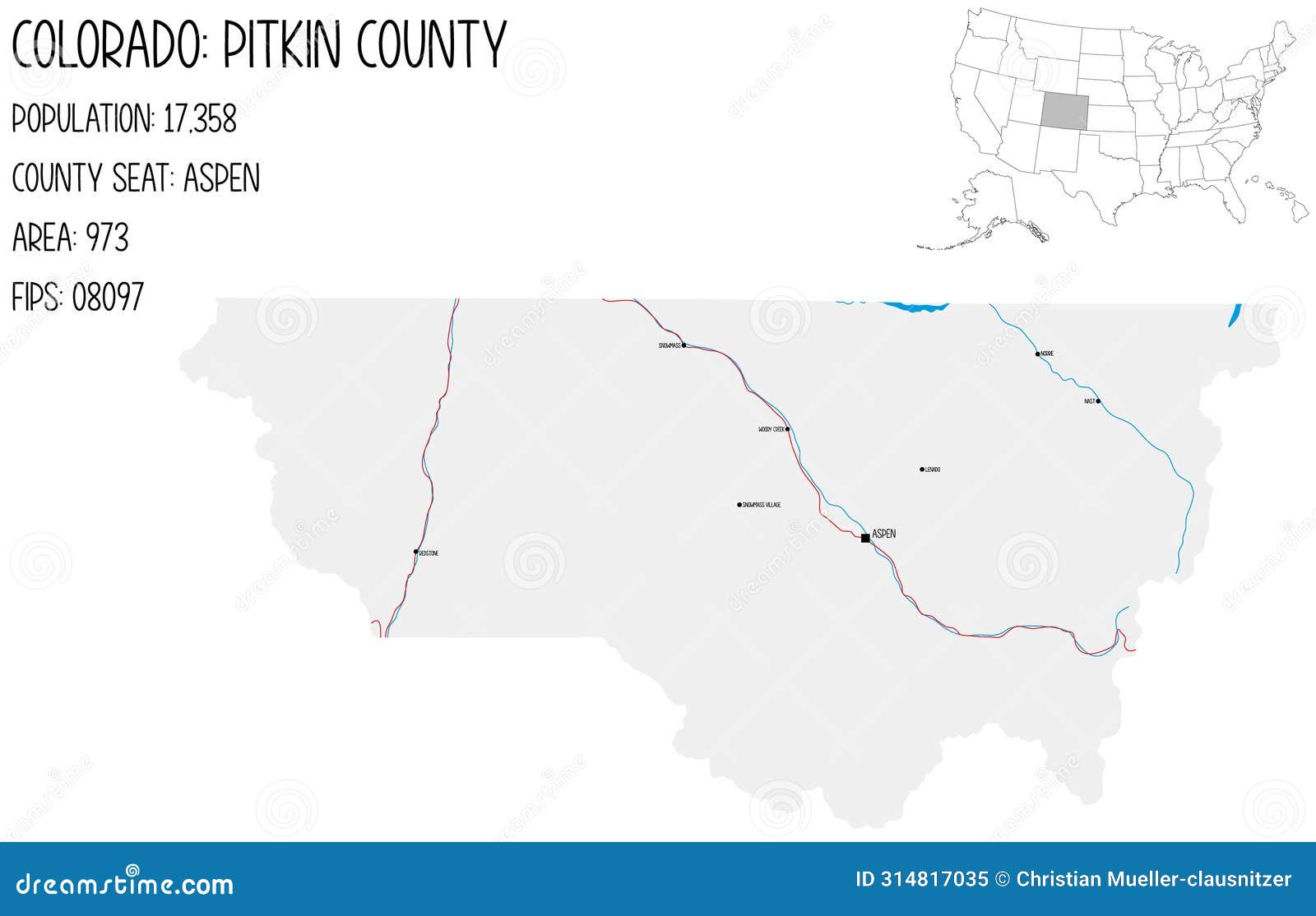 Map of Pitkin County in Colorado, USA Stock Vector - Illustration of ...