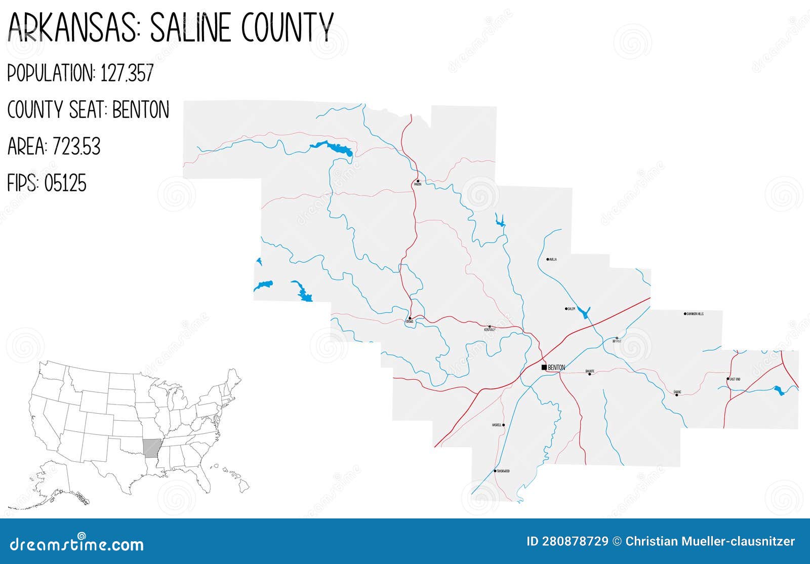 Map of Saline County in Arkansas, USA. Stock Vector - Illustration of ...
