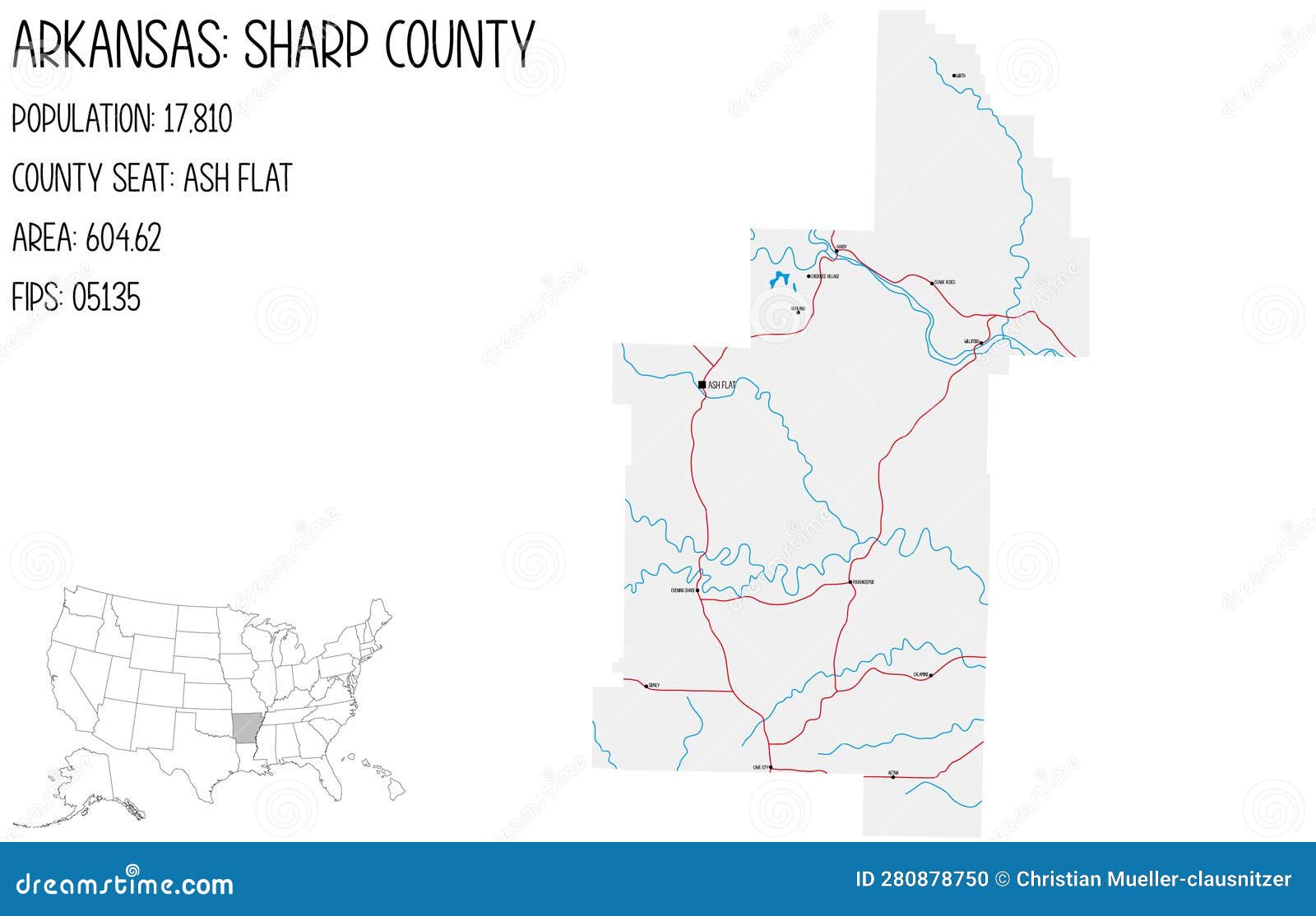 Map of Sharp County in Arkansas, USA. Stock Vector - Illustration of ...