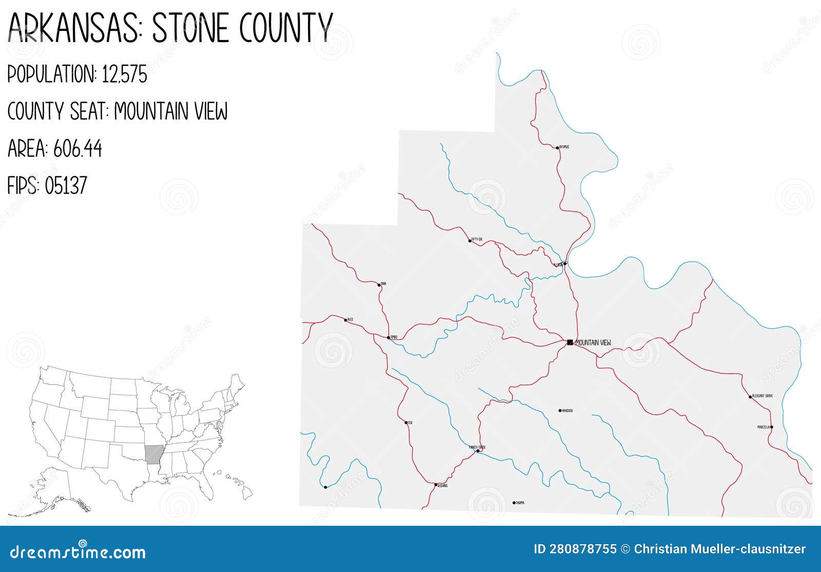 Map of Stone County in Arkansas, USA. Stock Vector - Illustration of ...
