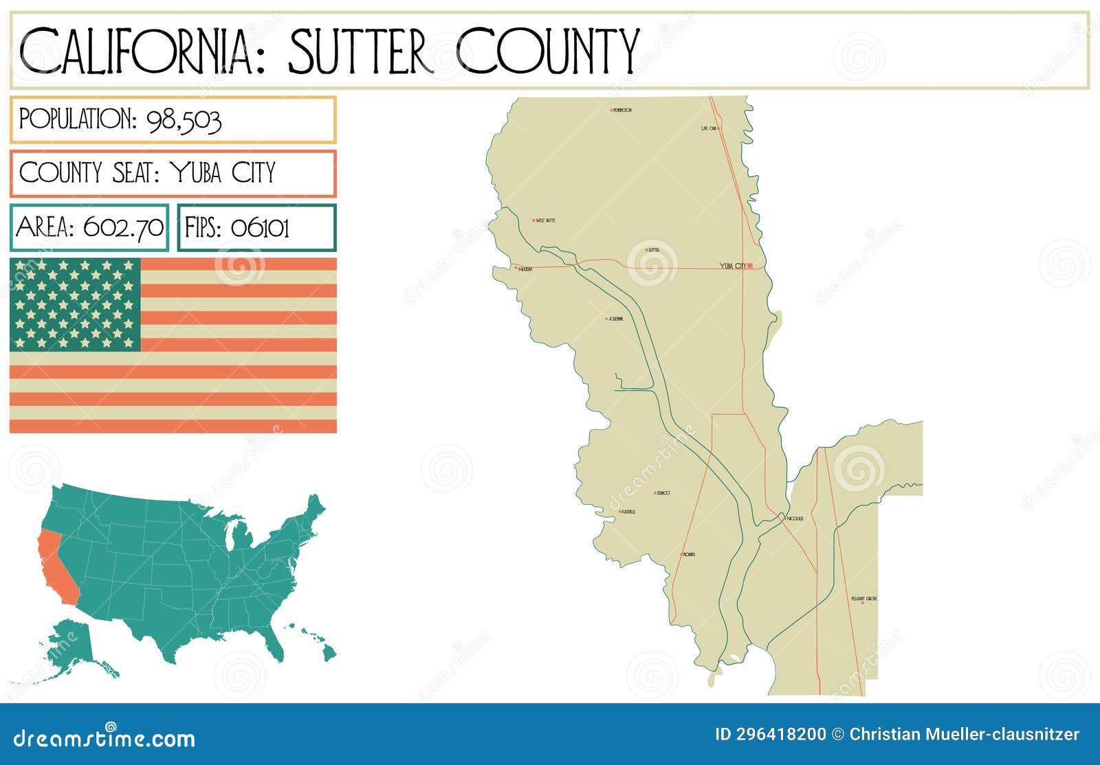 Detailed Map of Sutter County in California USA Stock Illustration ...