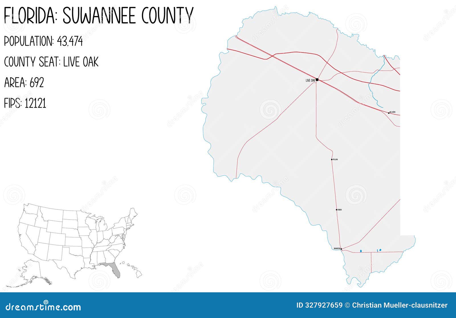 Map of Suwannee County in Florida, USA Stock Vector - Illustration of ...