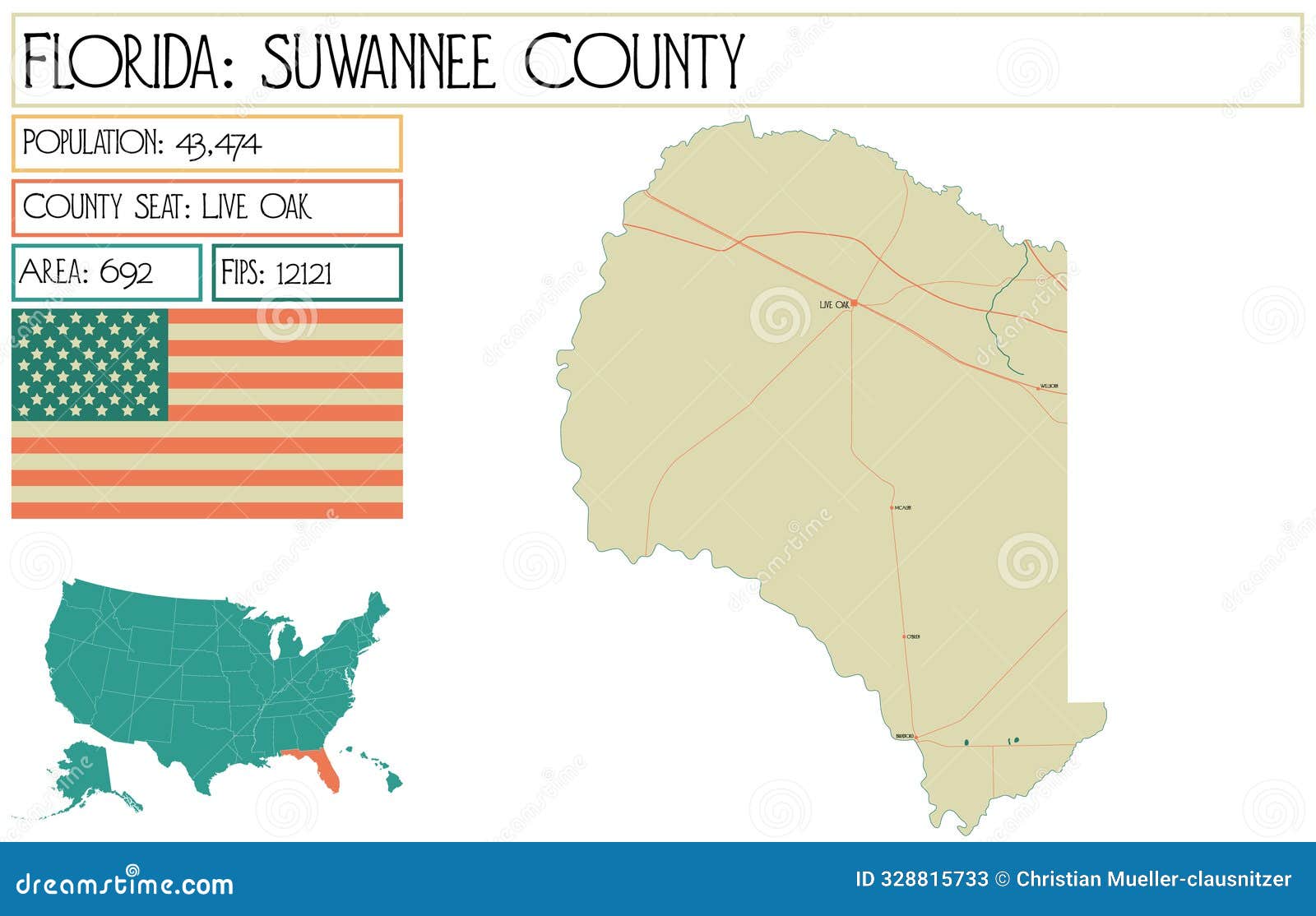 Large and Detailed Map of Suwannee County in Florida Stock Illustration ...