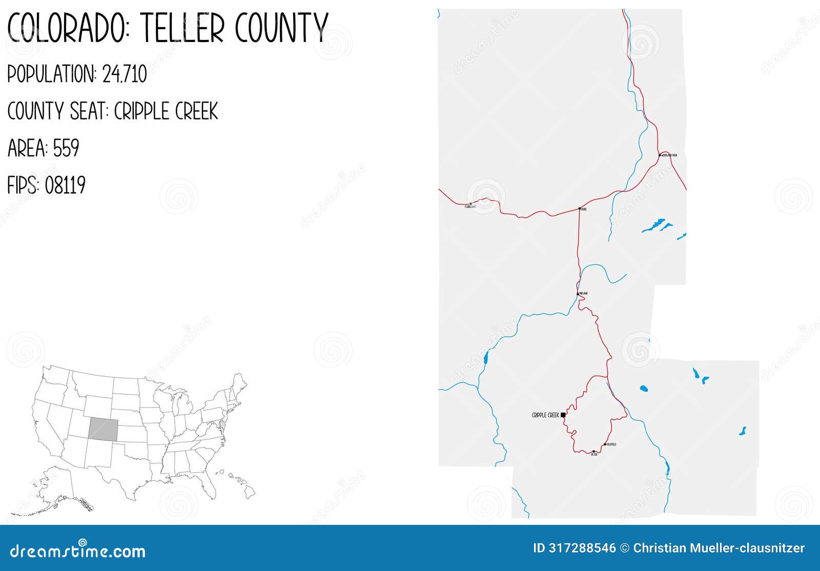 Map of Teller County in Colorado, USA Stock Vector - Illustration of ...