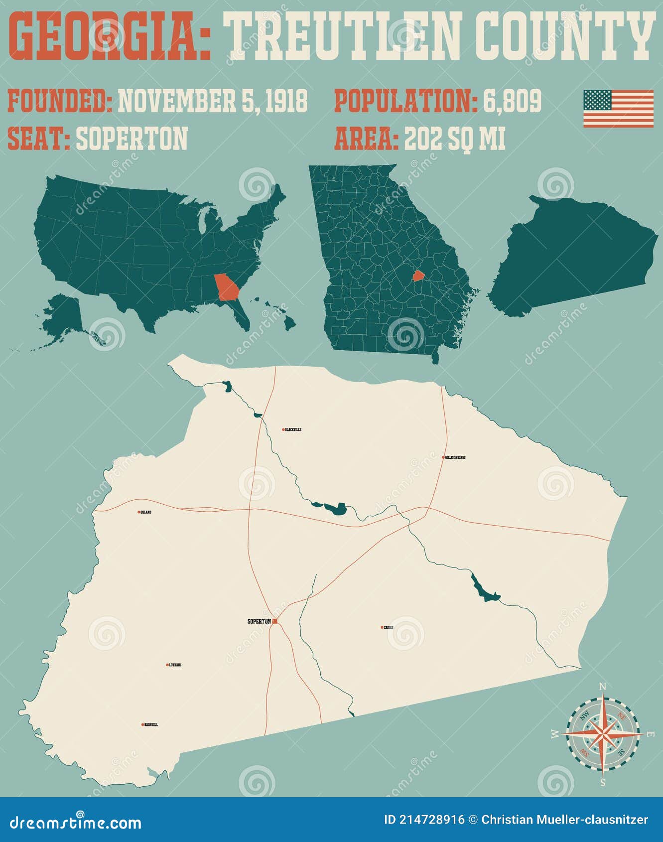 Map of Treutlen County in Georgia Stock Vector - Illustration of ...