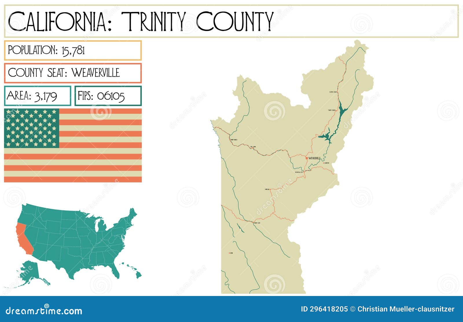 Detailed Map of Trinity County in California USA Stock Illustration ...