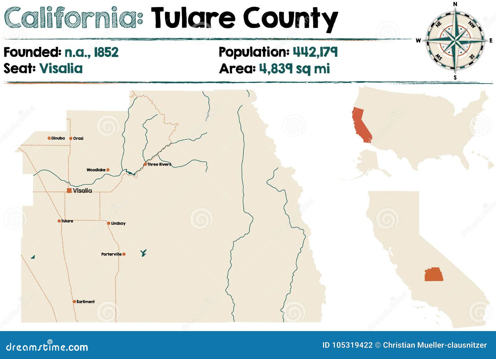 Tulare County Map In California Vector Illustration 106723164