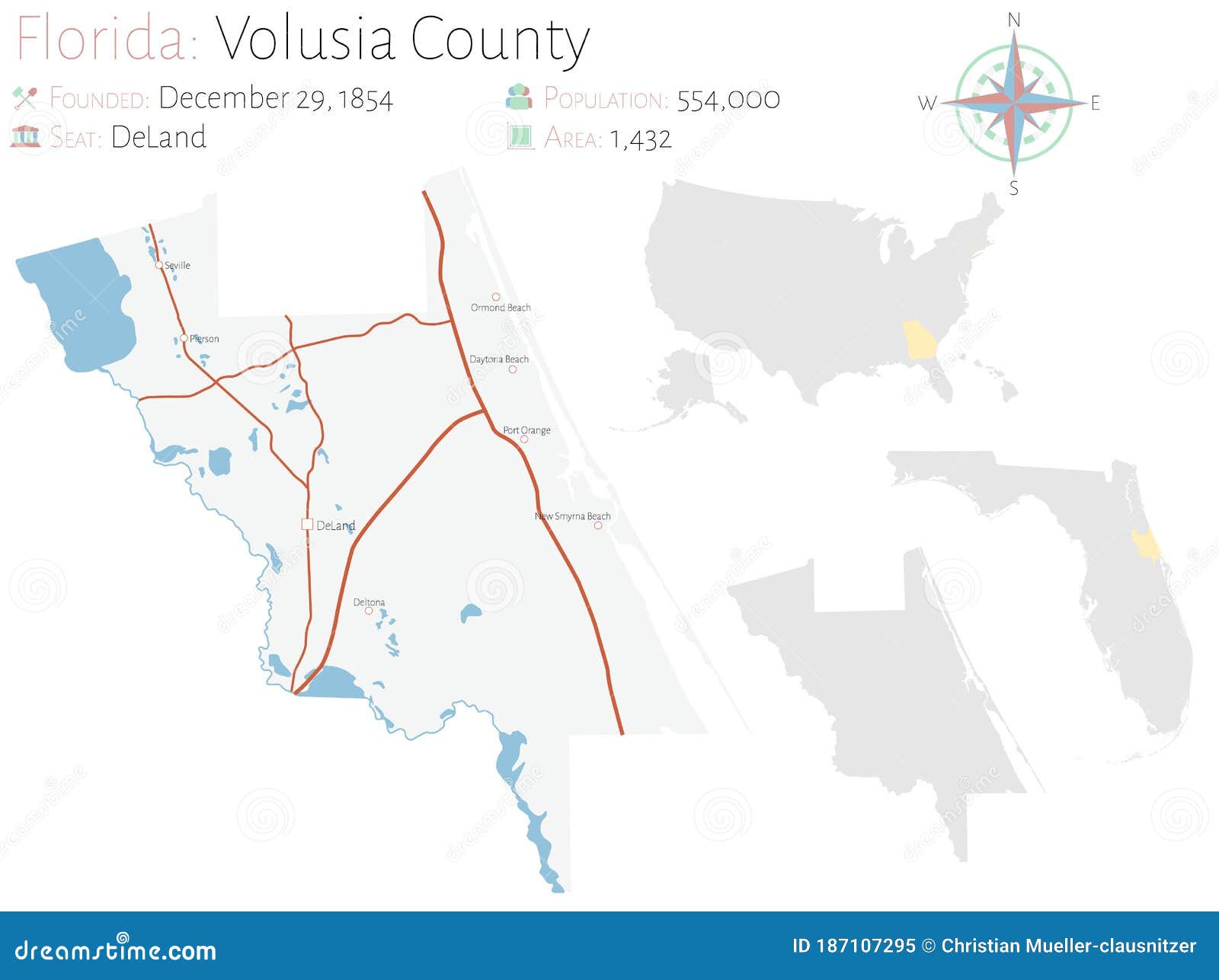 Map of Volusia County in Florida Stock Vector - Illustration of america ...