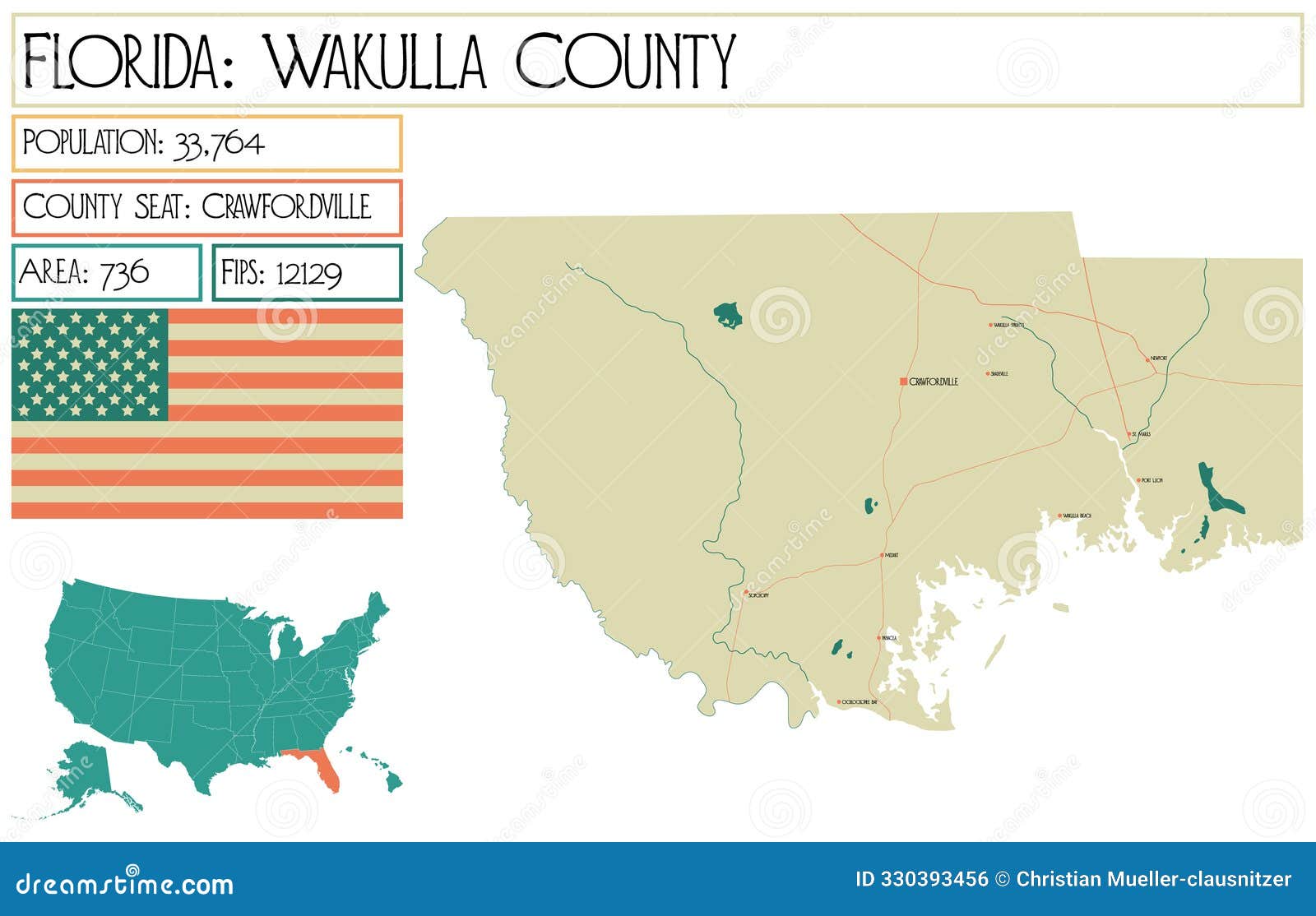 Large and Detailed Map of Wakulla County in Florida Stock Vector ...