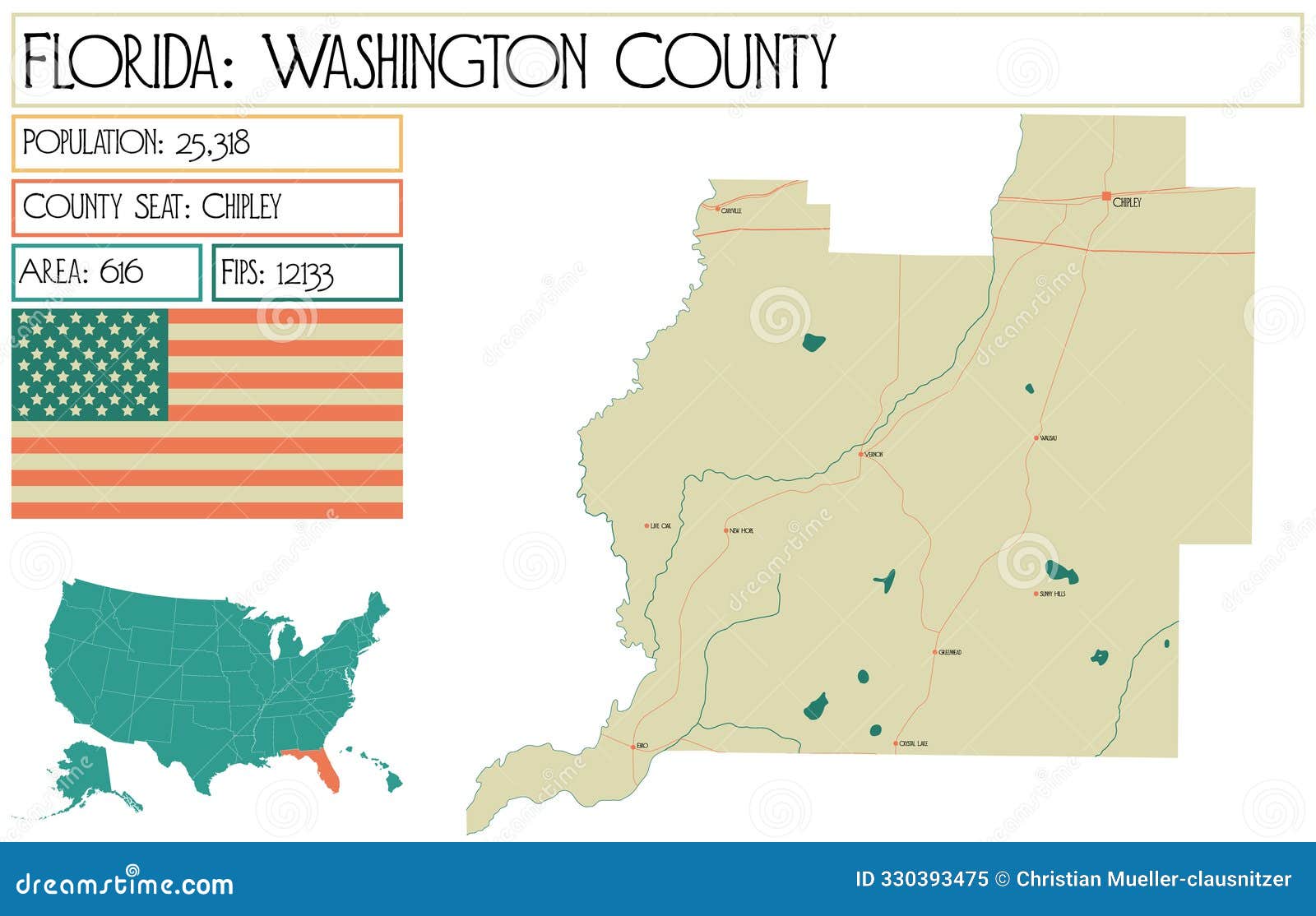 Large and Detailed Map of Washington County in Florida Stock Vector ...
