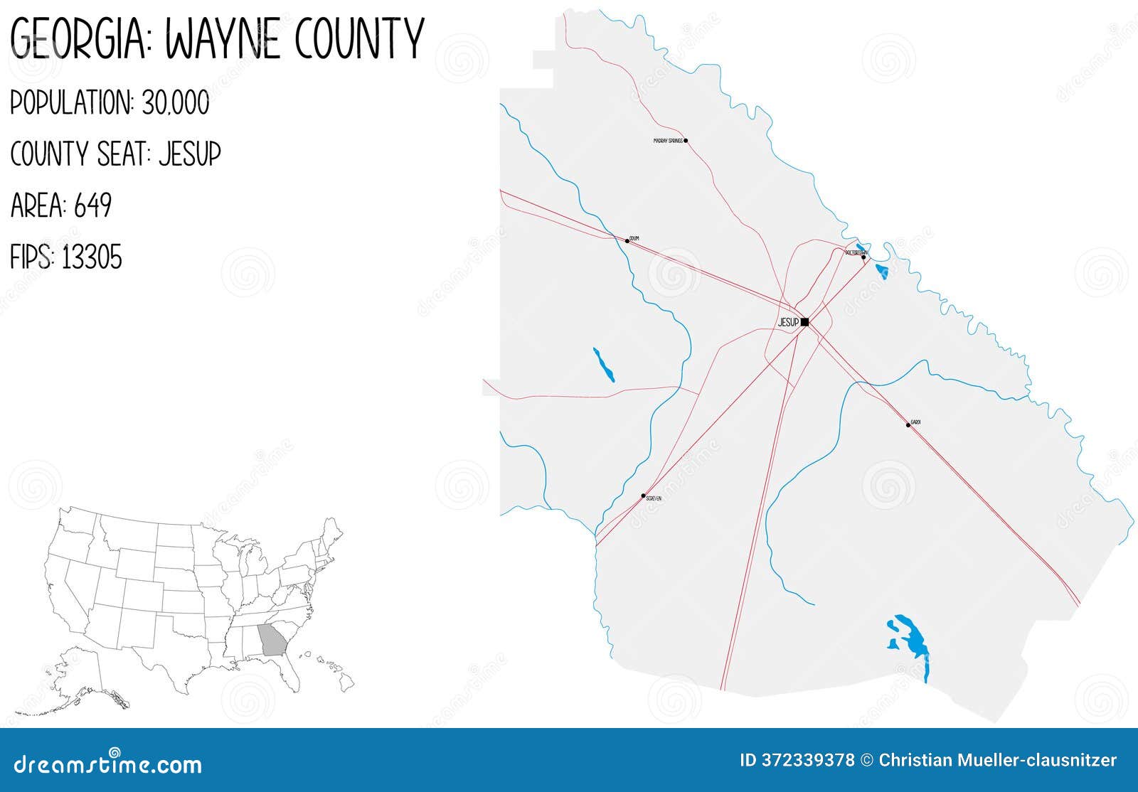Map Of Wayne County In Georgia State On White Background. Single County ...