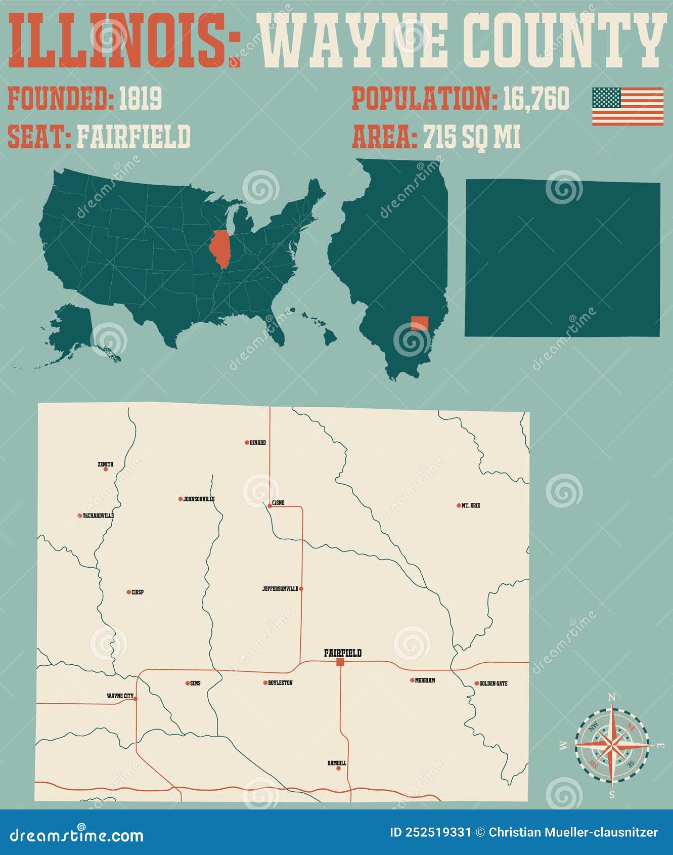 Map of Wayne County in Illinois Stock Vector - Illustration of illinois ...
