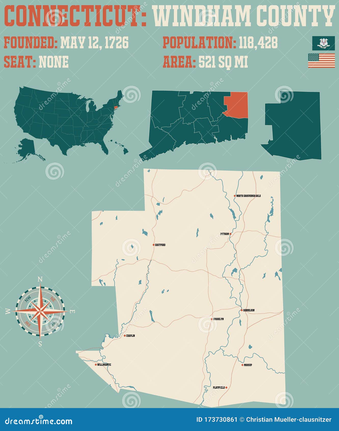 Map of Windham County in Connecticut Stock Vector - Illustration of ...