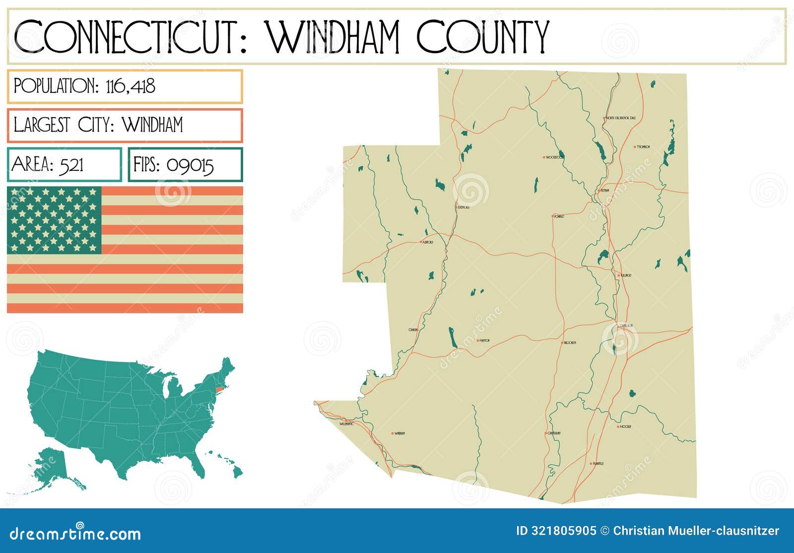 Map of Windham County in Connecticut USA Stock Vector - Illustration of ...