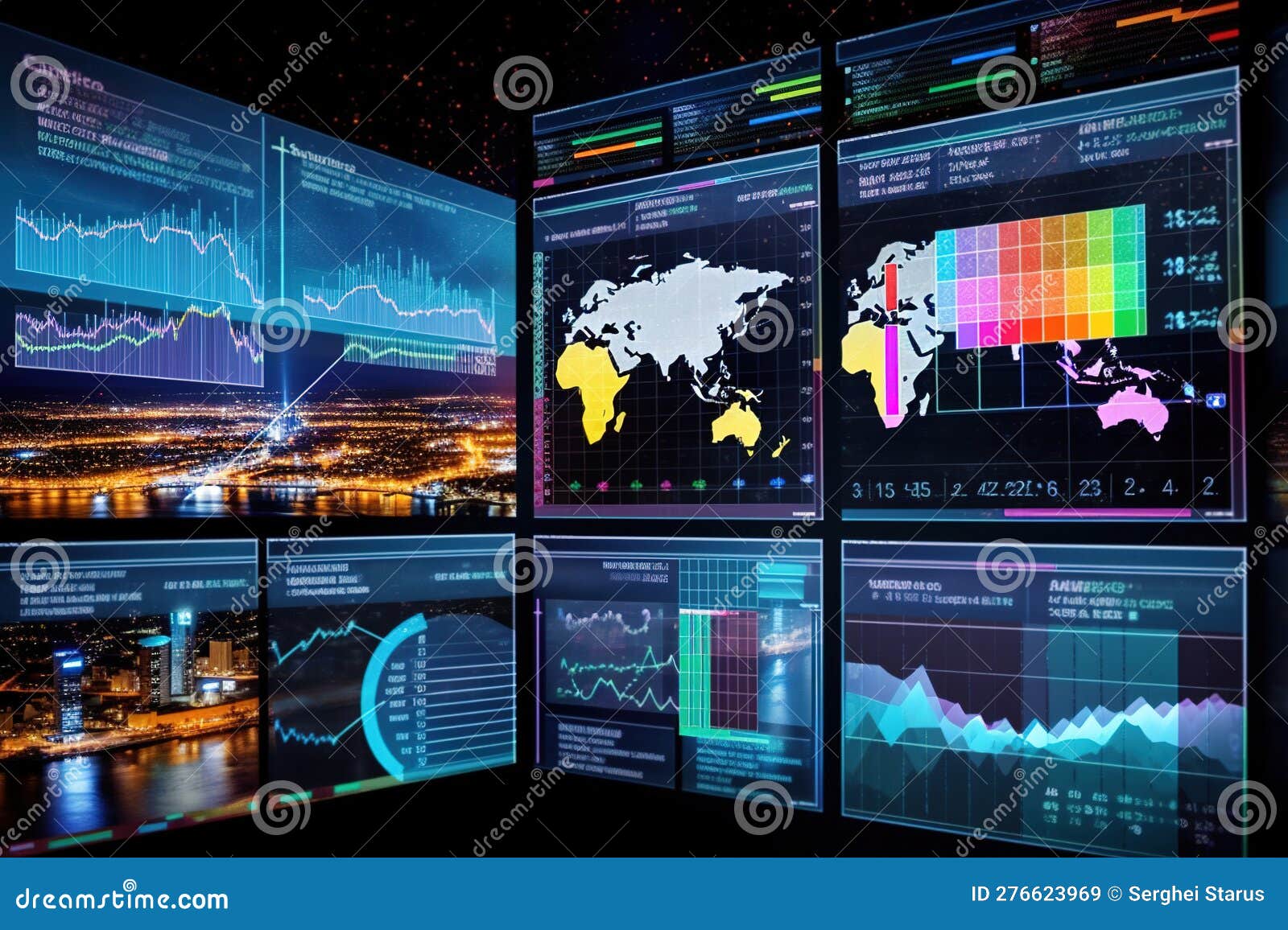 A Large Display of Multiple Screens with a Map of the World on Them. AI Generative Image Stock ...