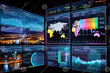 A Large Display of Multiple Screens with a Map of the World on Them. AI ...