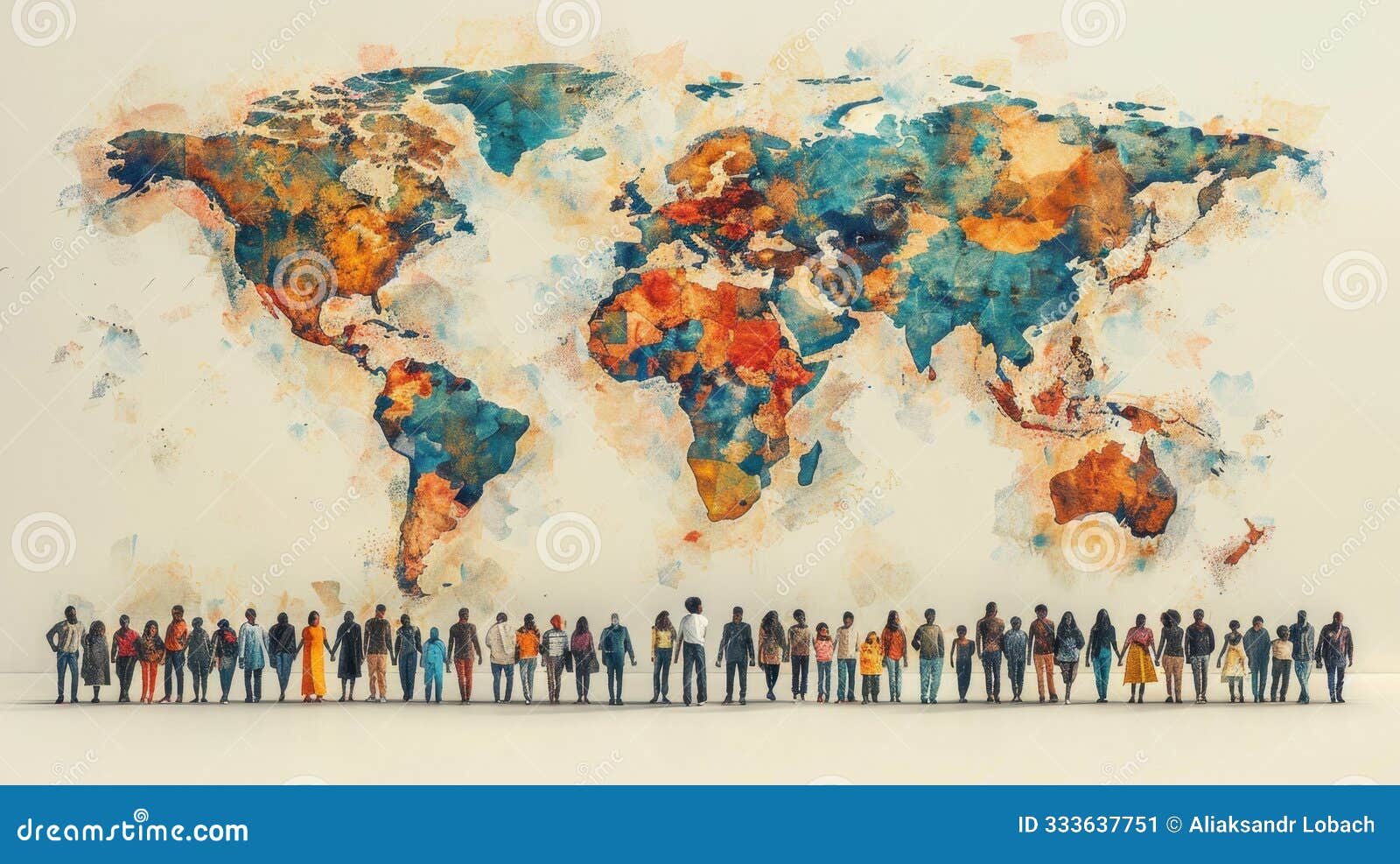 A Large and Diverse Group of People on the Background of a World Map ...