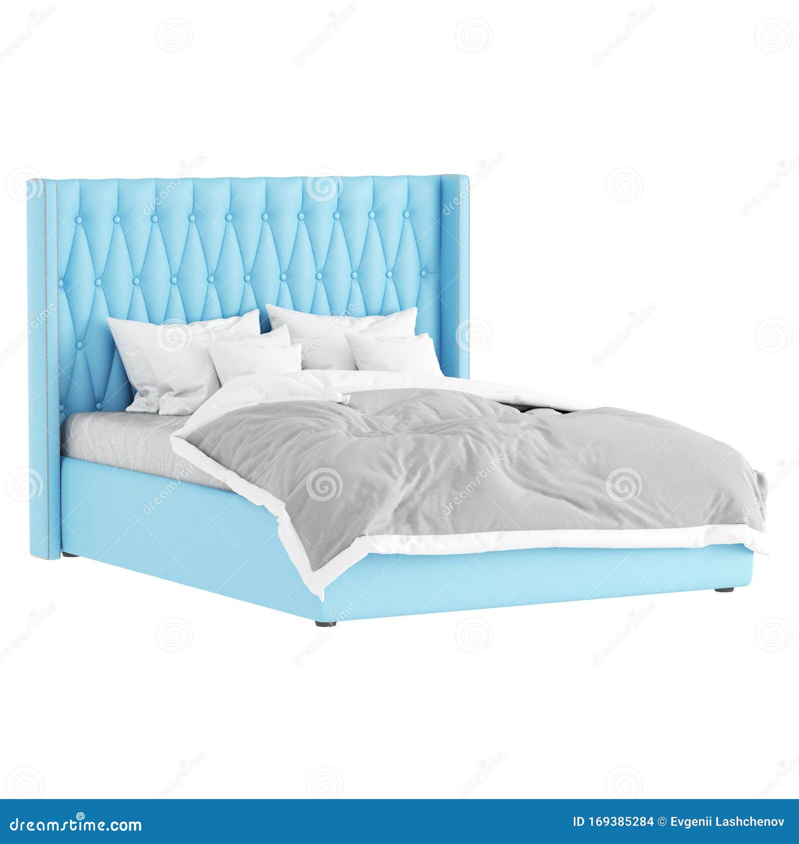 Large Double Blue Bed with a High Headboard with a Blanket and Six ...