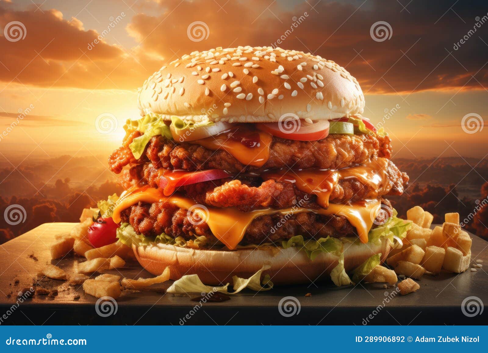 A Large Double Burger with a Sunset in the Background Stock ...