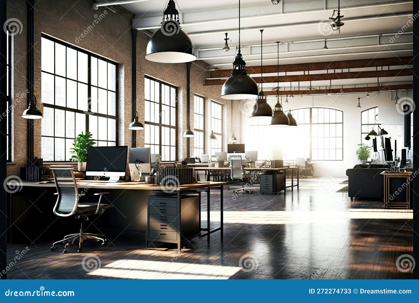 Large E of Empty Office Interior in Loft Style with Pendant Lamps and ...