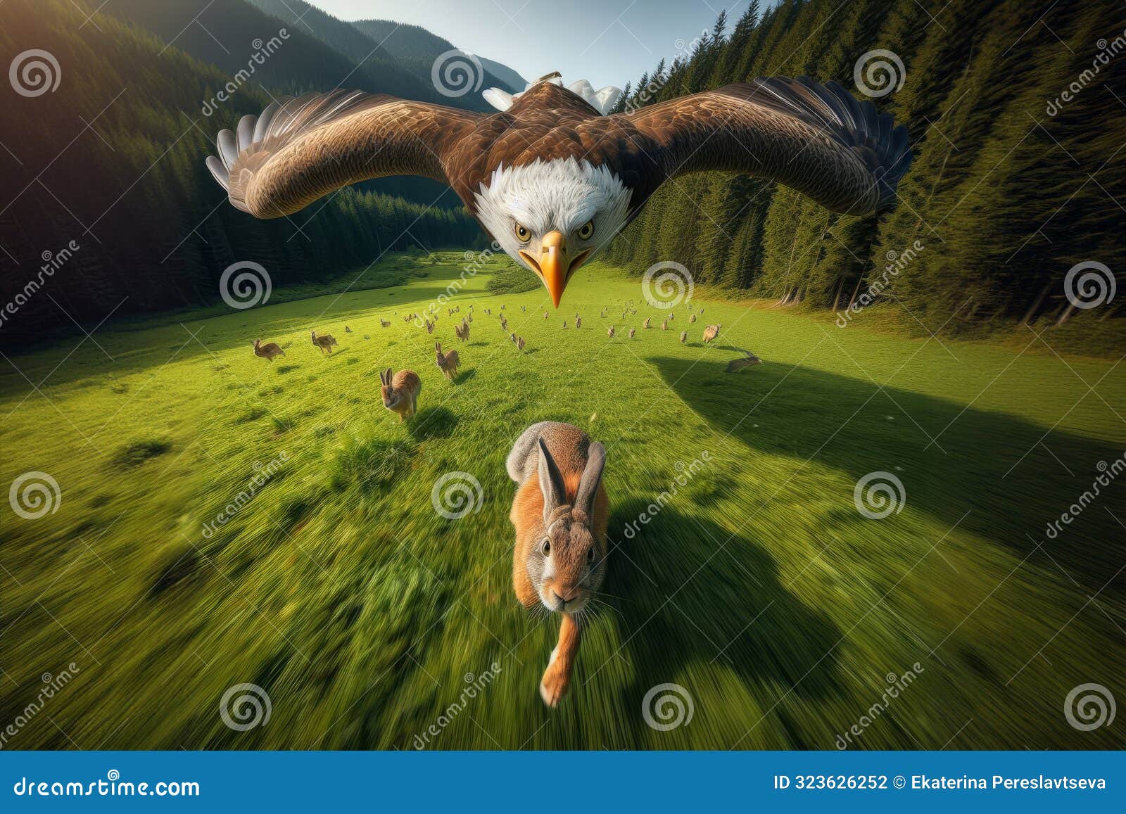 A Large Eagle is Chasing a Rabbit through a Field Stock Photo - Image ...