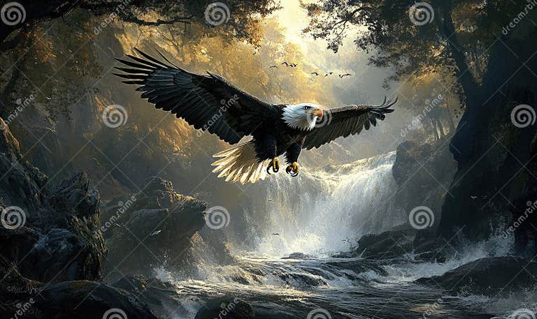 A Large Eagle is Flying Over a Waterfall Stock Image - Image of beak ...